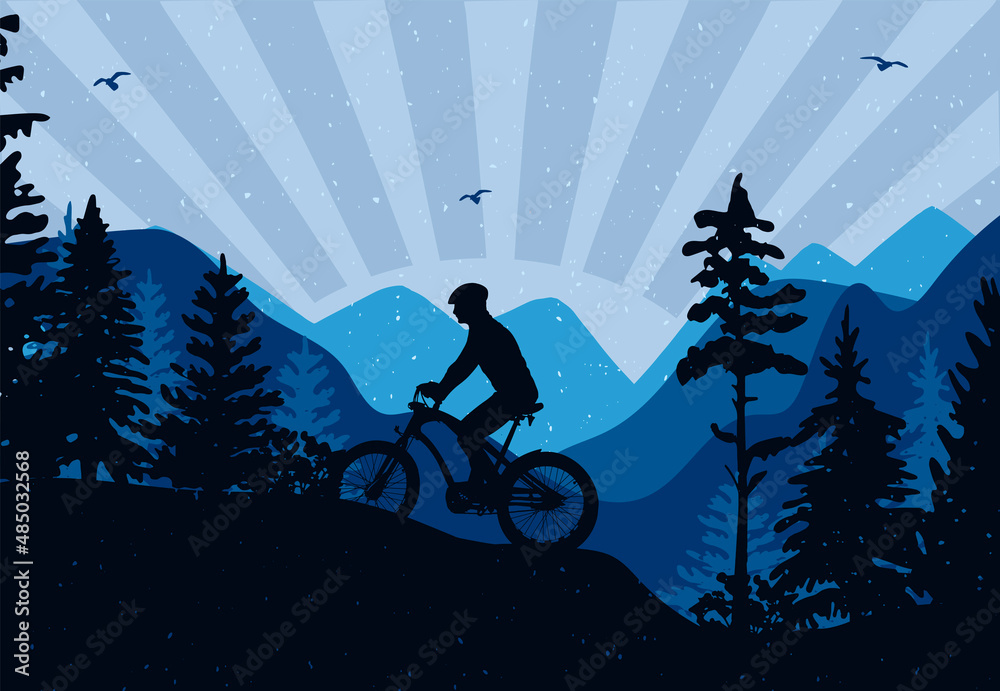 vector forest landscape. cyclist and forest vector silhouette ...