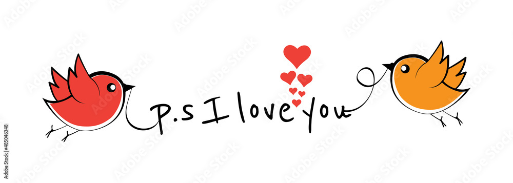Cute flying birds, holding romantic quote. I love you, vector. P.S. I ...