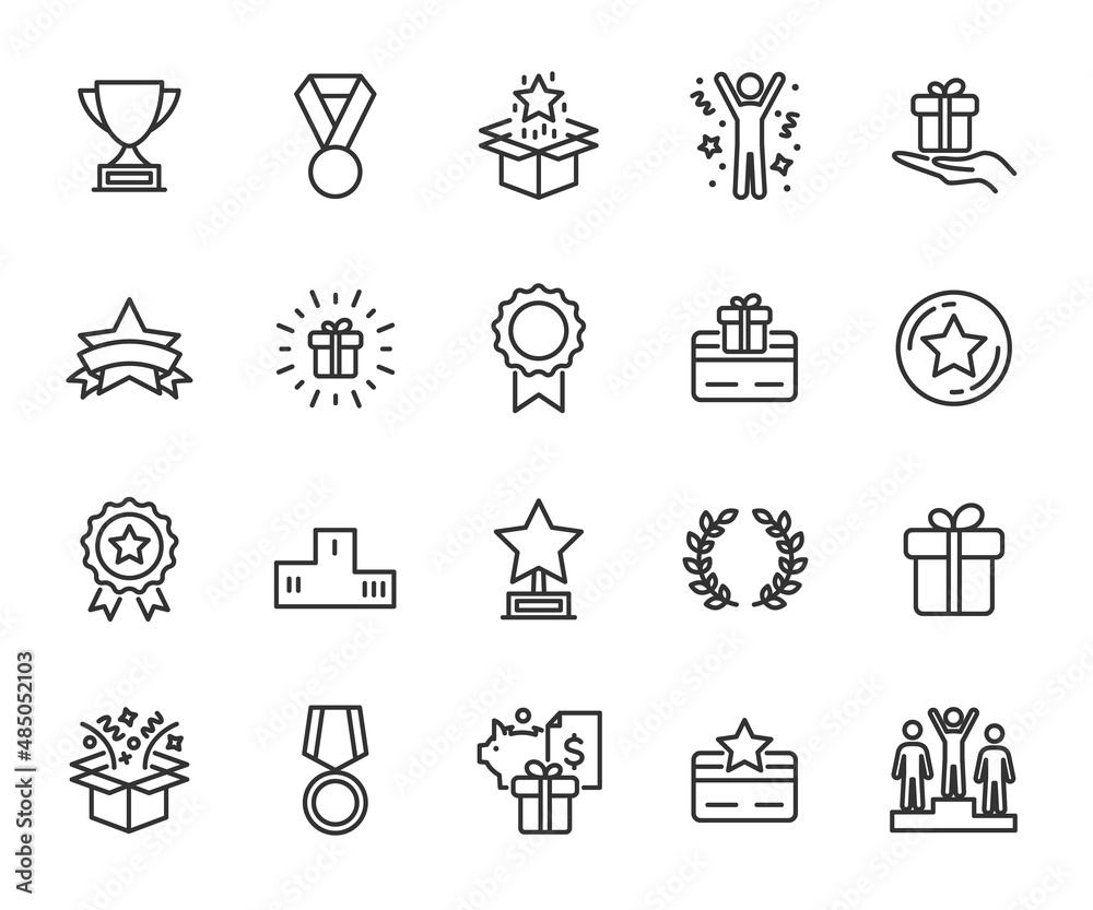 Vector set of reward line icons. Contains icons prize, trophy, winner ...