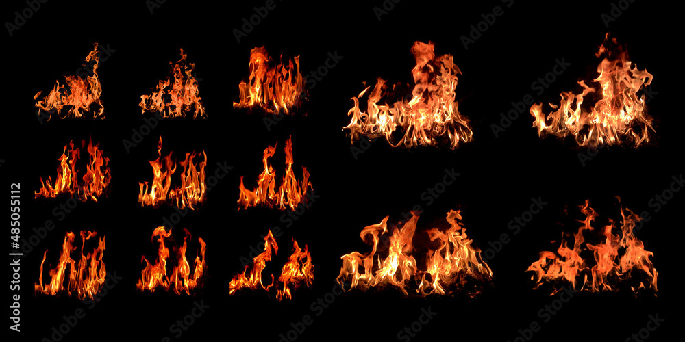 Red bonfire set of 12 types that burns fuel. on a black background ...