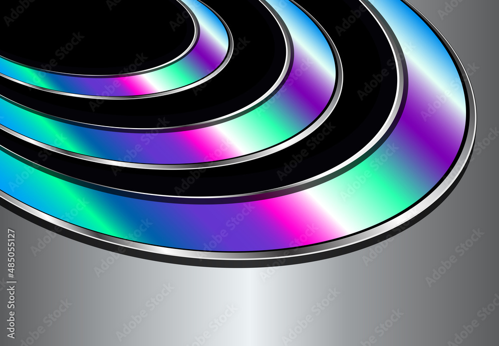 Silver metallic background with wavy rainbow banner, polished chrome ...