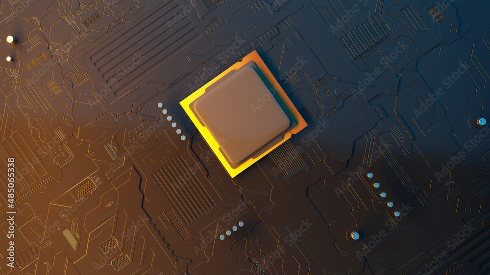 3d rendering of a futuristic circuit board with surface mount ...