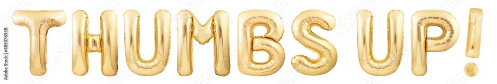 Thumbs up word made of golden inflatable balloons with exclamation mark ...