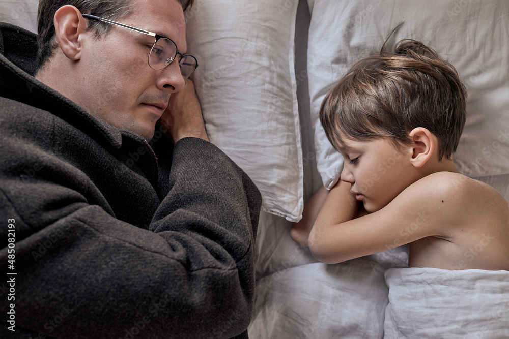 Father come to say goodbye to child boy before leave for work in ...
