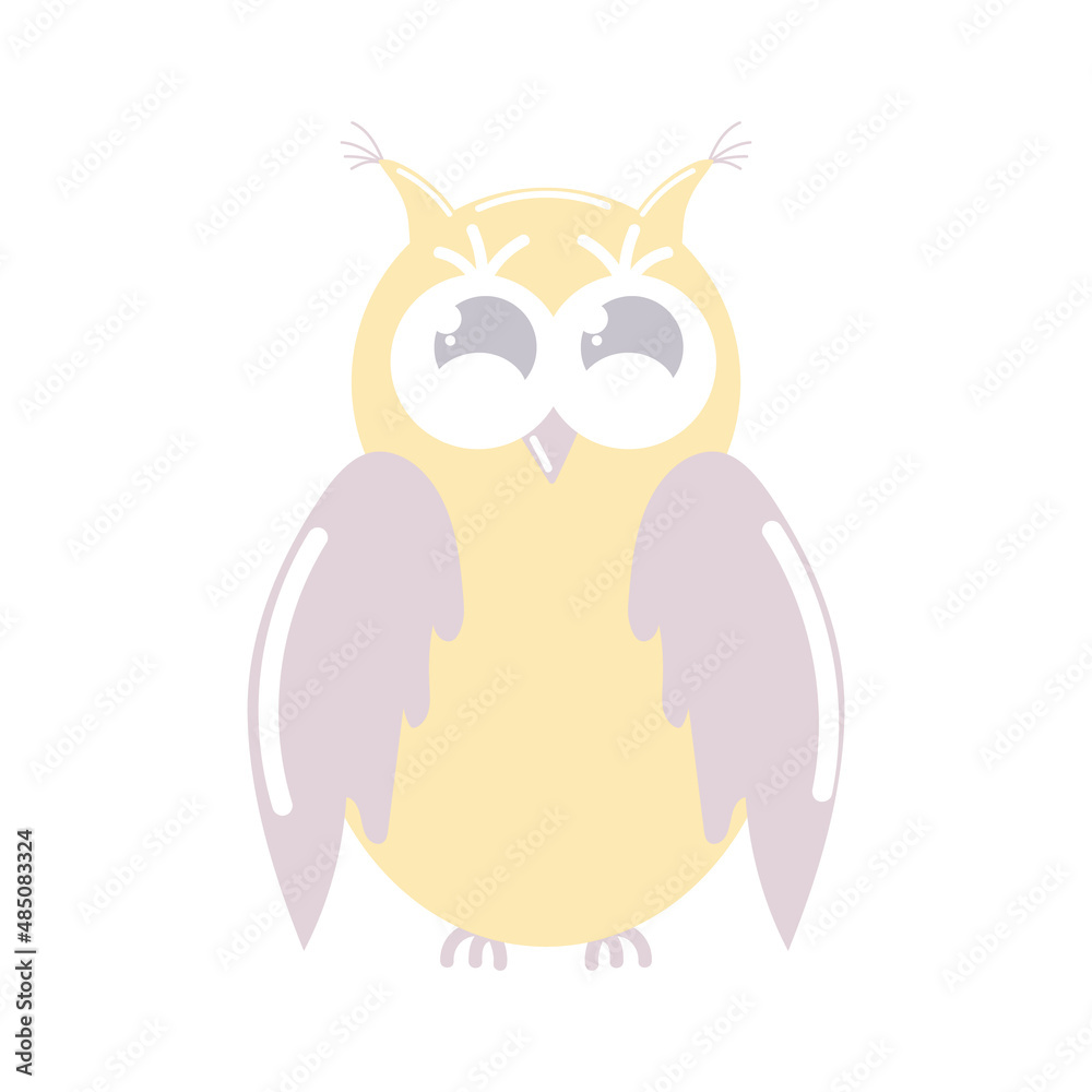 Cute yellow owl with big sly eyes and tassels on the ears. Hand-drawn ...