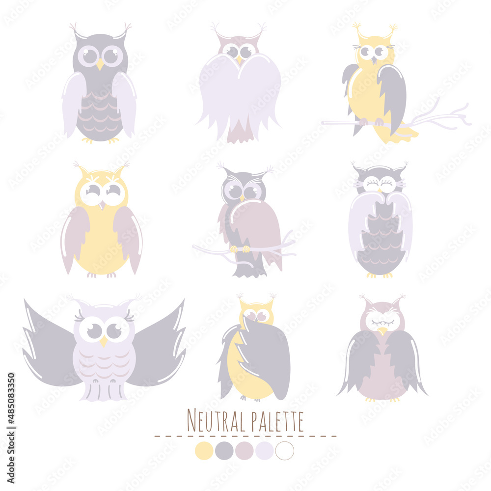 Set of 9 cute owls in different poses and colors. Hand drawn. Childish ...