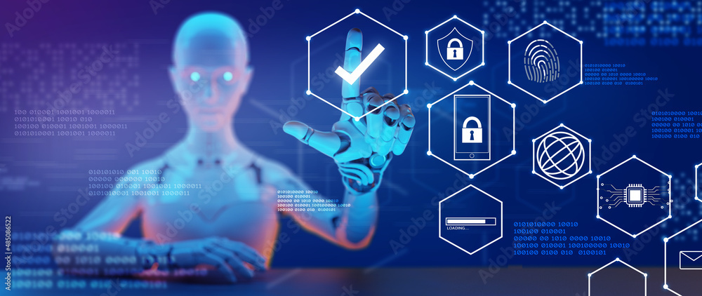 Cybersecurity, cybercrime, internet scam, 3D robot digital network ...