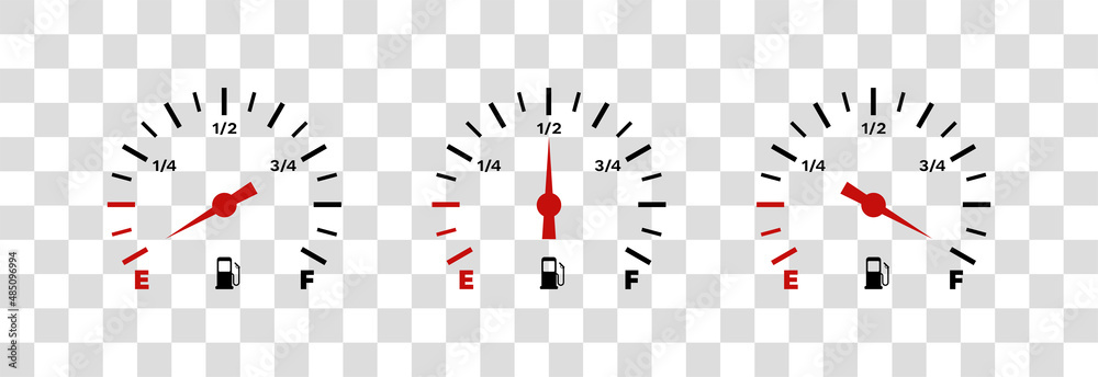Fuel tank indicator. Fuel meter. Fuel level. Empty, half full and full ...