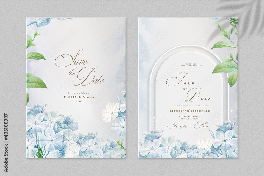 Elegant Geometric Wedding Invitation Template with Blue Flower Stock ...