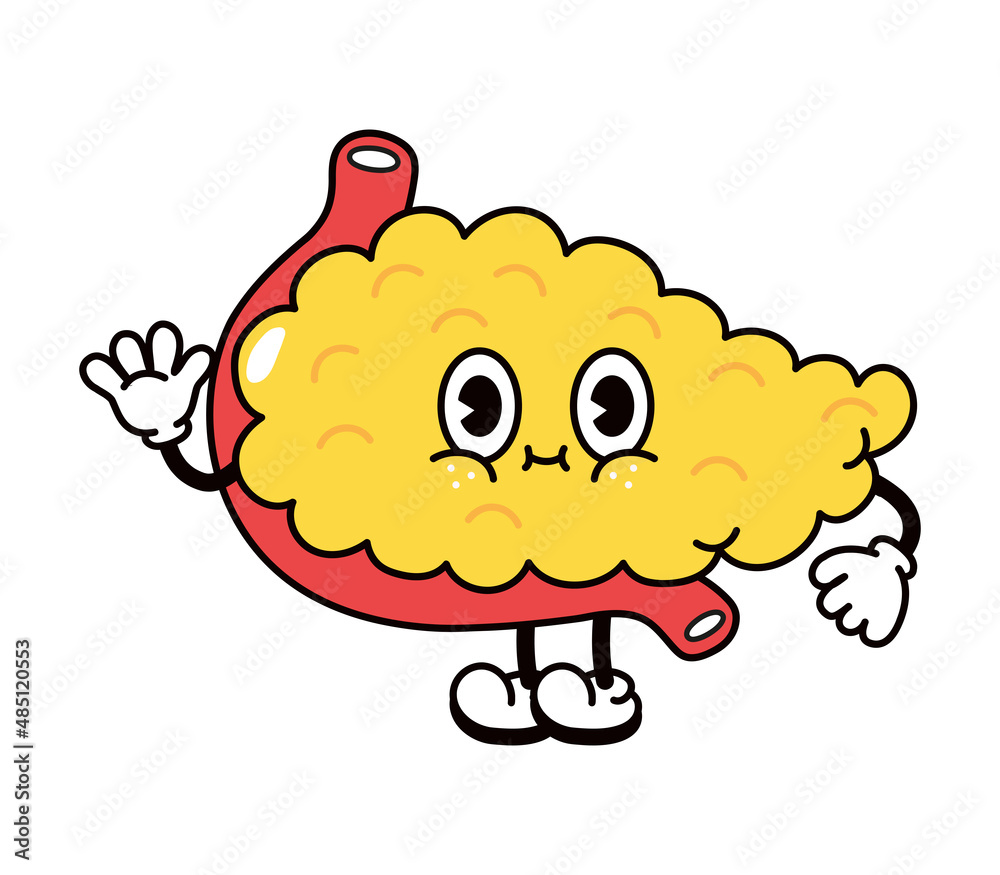 Cute funny pancreas waving hand character. Vector hand drawn ...