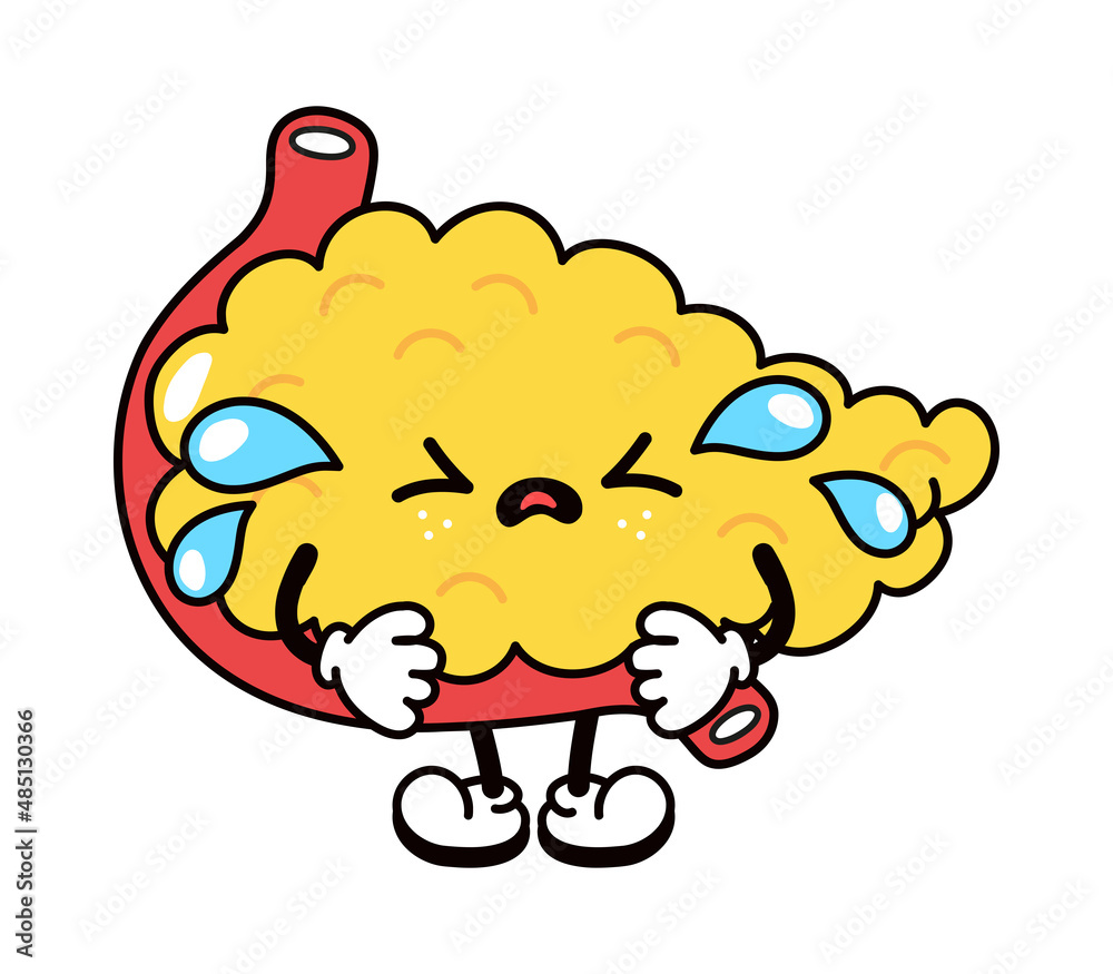 Cute funny crying sad pancreas character. Vector hand drawn traditional ...