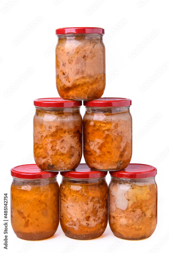 Six glass jars with canned stew built into a pyramid. Canned meat Stock ...