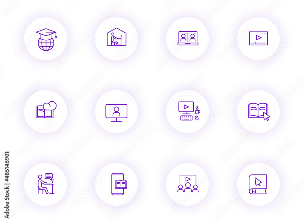 e learning purple color outline vector icons on light round buttons ...