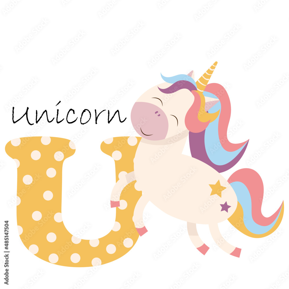 Illustration for the English alphabet with the image of a unicorn, for ...
