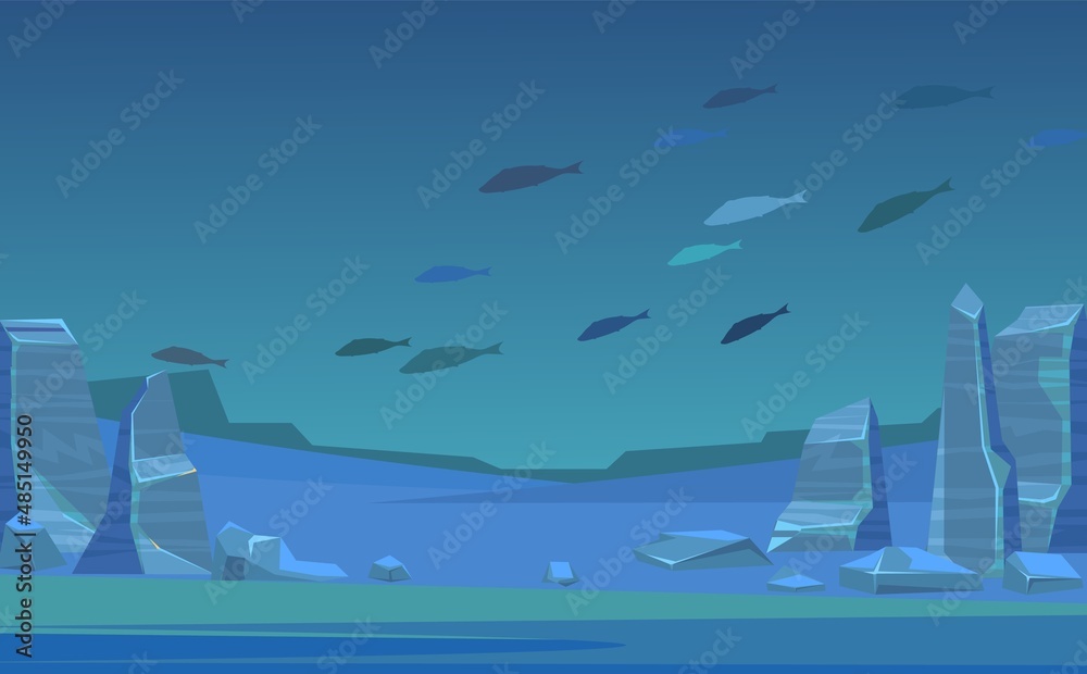Fish school at the bottom of the ocean. Underwater wild life. Deep sea ...