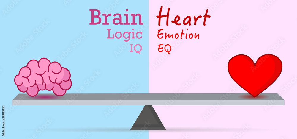 Heart brain on seesaw. Love versus logic or emotion. IQ vs EQ. Mind ...