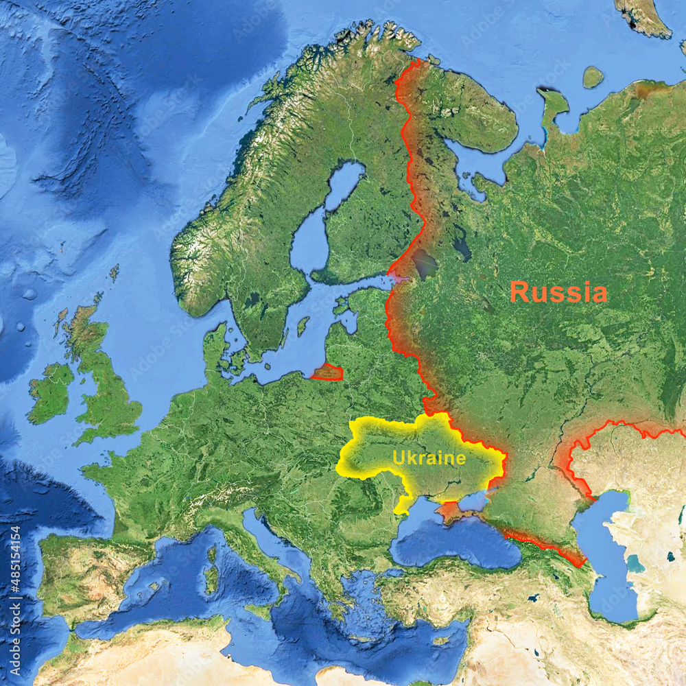 Ukraine and Russia on Europe map in global satellite photo Stock ...