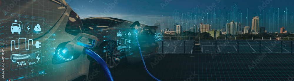 Double exposure Electric vehicle EV car Power cable wirh pump plug in ...