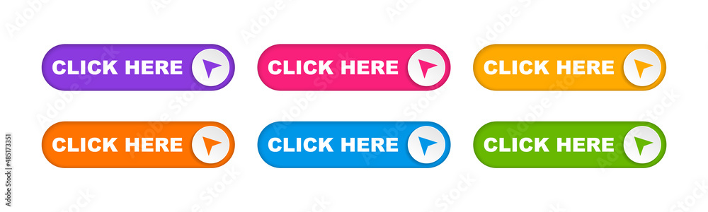 Click here buttons with arrow pointer. Click here button set. Call to ...