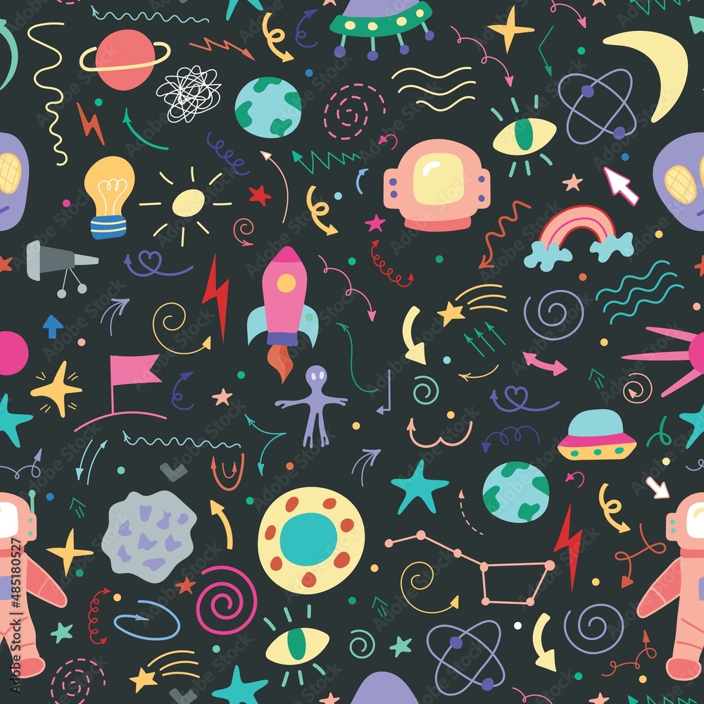Seamless pattern of space icons and elements on a dark background ...