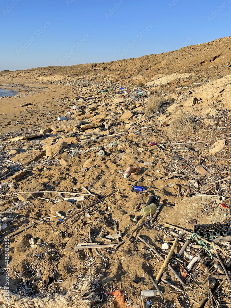 A lot of plastic, garbage and waste lies on the seashore and on the ...