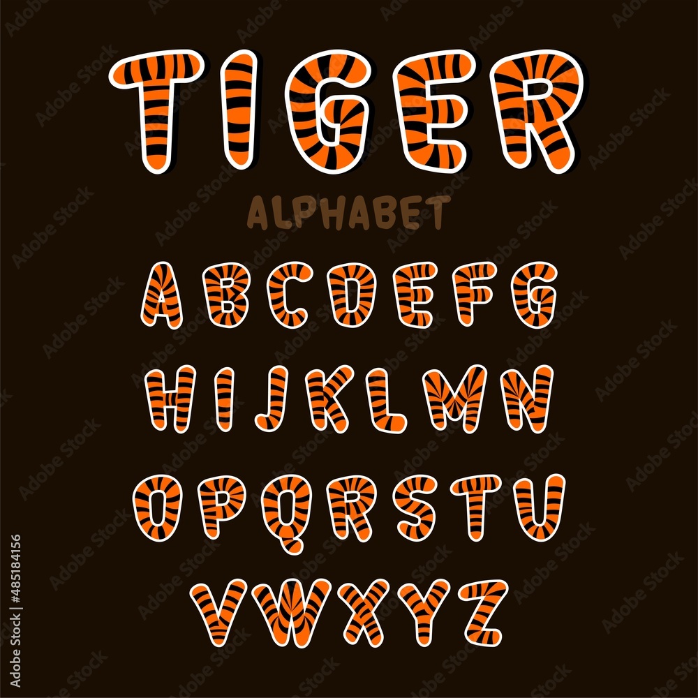 Decorative tiger font and alphabet with tiger patterns. Vector font on ...