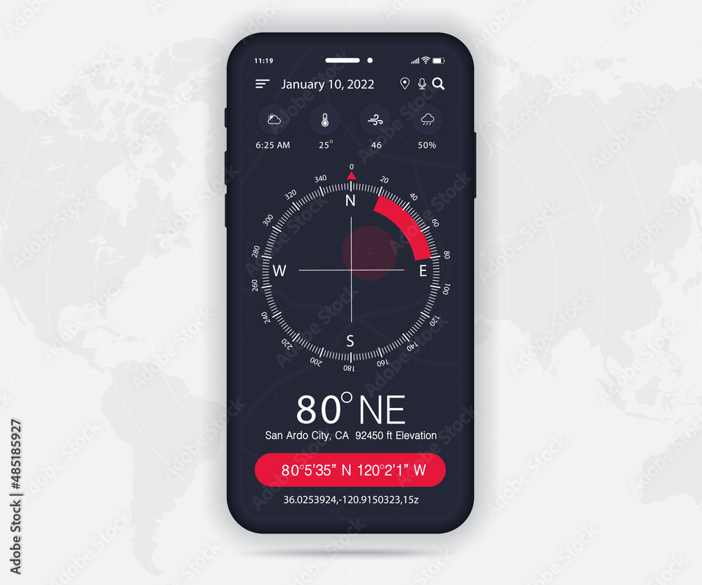 Compass app UI UX GUI concept, Map GPS app on screen smartphone ...