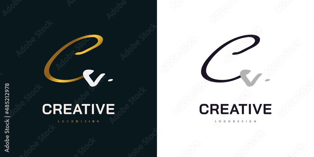 CV Initial Logo Design with Handwriting Style in White and Gold. CV ...