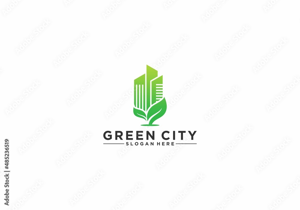 green city logo by combining leaves and buildings that reflect a green ...