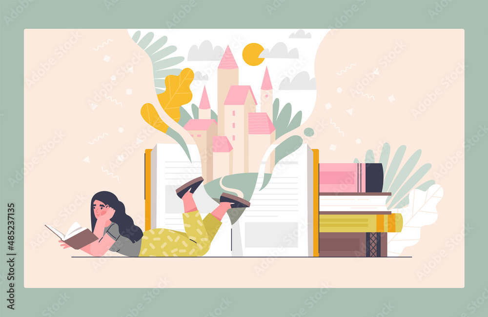 Girl reading book. Woman lies with flowers. Stylish posters and banners ...