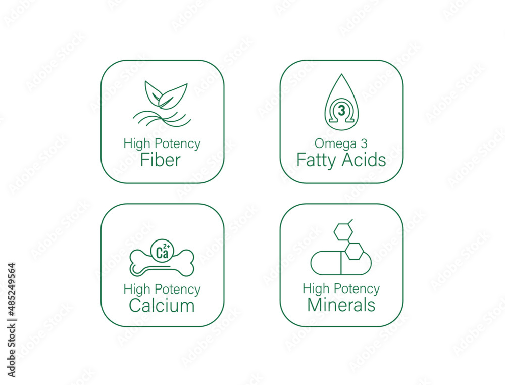 High potency fiber, calcium, minerals, and omega 3 fatty acid icon set ...