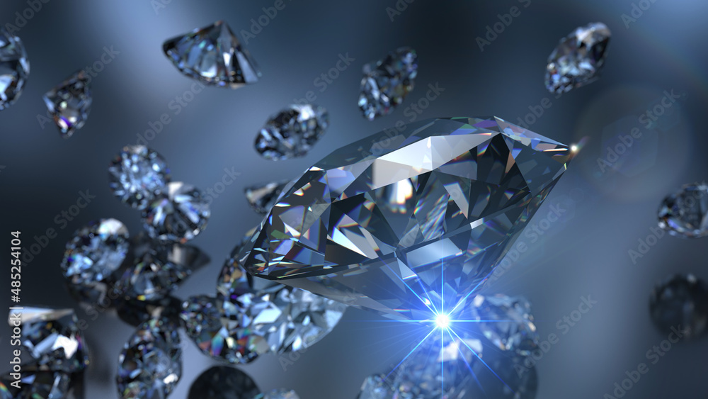 Shiny Diamonds with blue flash light on black-blue surface background ...