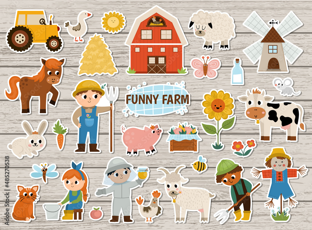 Big vector farm stickers set. Rural patches icons collection with funny ...