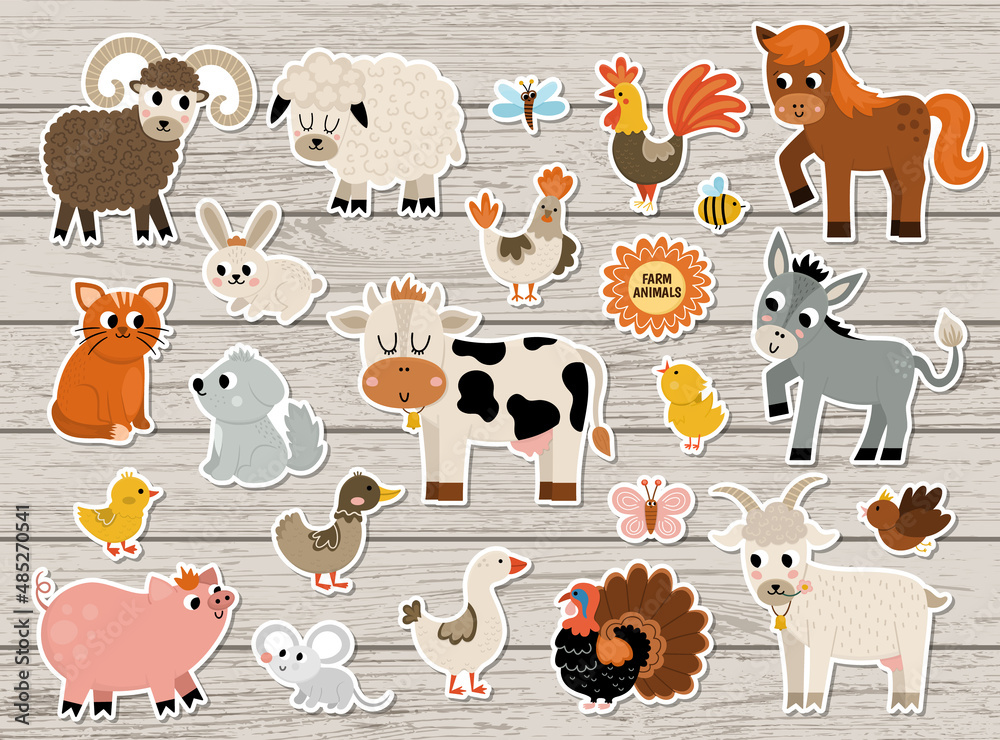 Vector farm animal and birds stickers set. Rural patches icons with cow ...