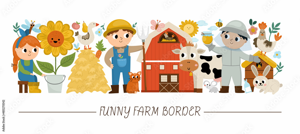 Vetor do Stock: Vector horizontal border set with cute farmers and ...