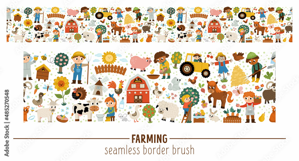 Vector farm seamless border brush with farmers and animals. Rural ...