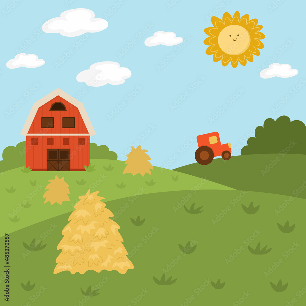 Vector farm landscape illustration. Rural village scene with barn ...