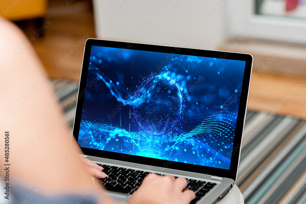 Woman Sitting With Laptop Back View Actively Accomplishing Work From ...