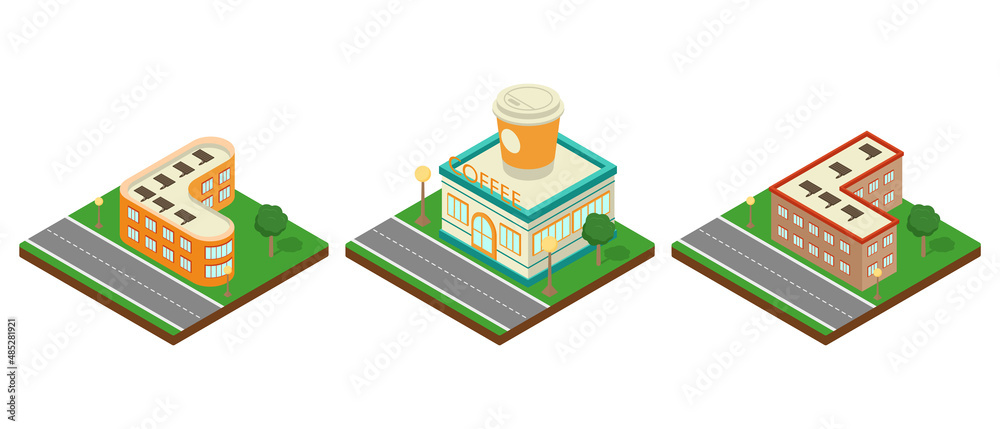 Modern isometric set buildings. Coffee shop, police, fitness center ...