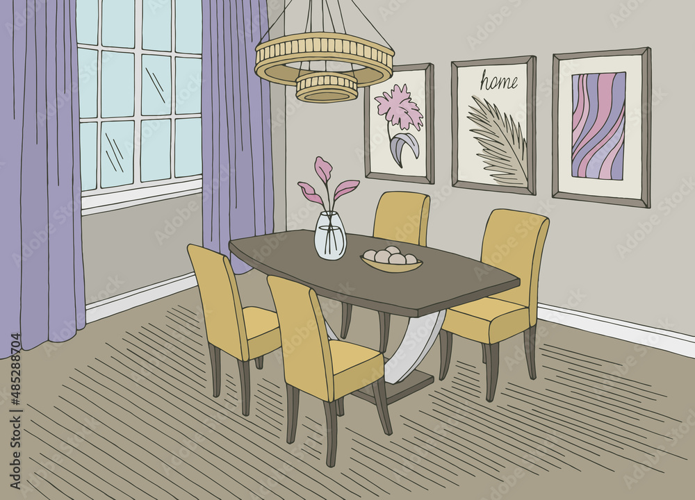 Dining room home interior graphic color sketch illustration vector ...