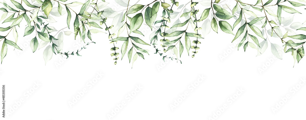 Watercolor painted greenery frame template. Bouquet with green branches ...