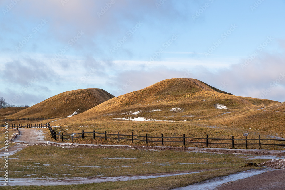 Burial mound covered with grass in culture landscape. Large oak trees ...