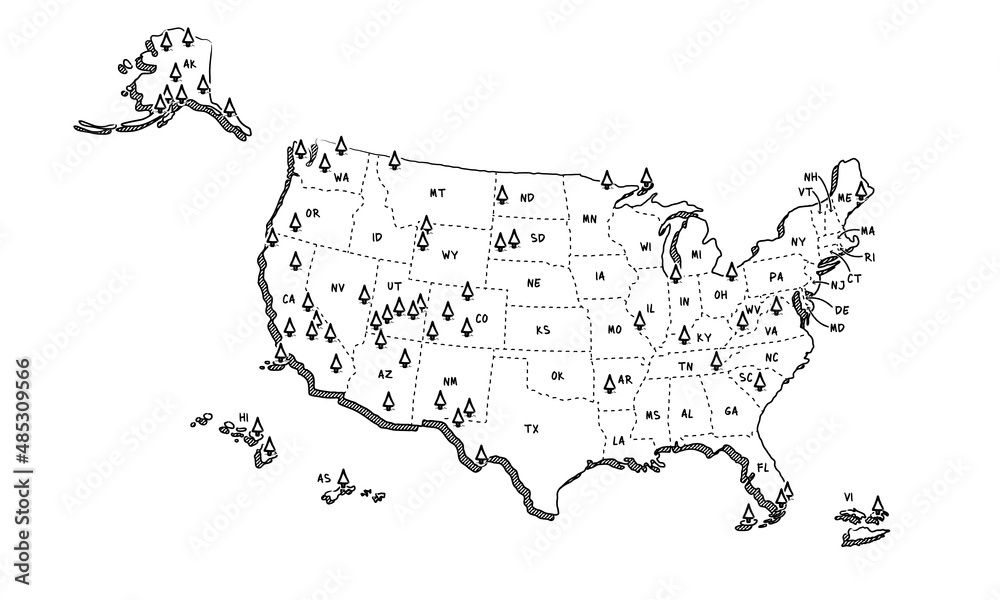Vector hand drawn map of the 63 National Parks in the US. USNPs black ...