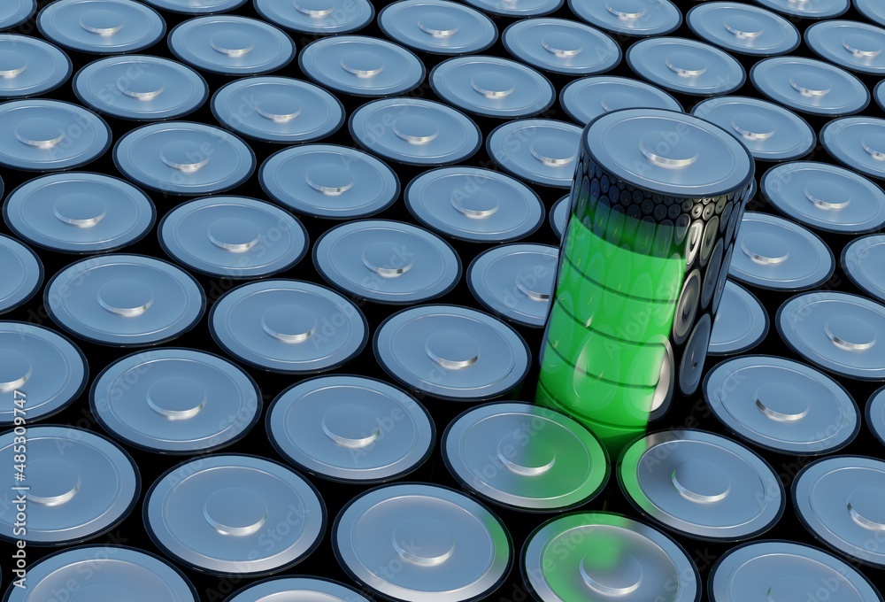 3D render of a battery array seen from the top with a single cell ...