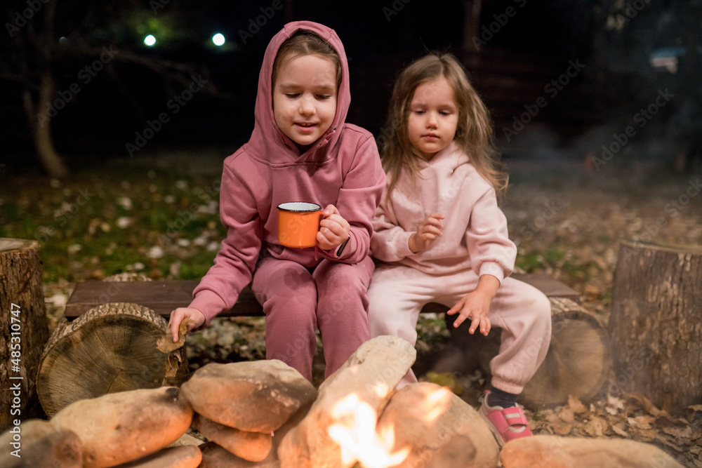 Siblings having fun around the bonfire. Girls warming and telling ...