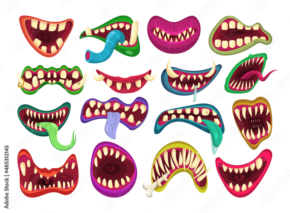 Collection of funny cartoon mouths of monsters. Stock Vector | Adobe Stock