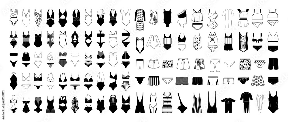 Vetor de A collection of swimwear, bikinis and swimming trunks for men ...