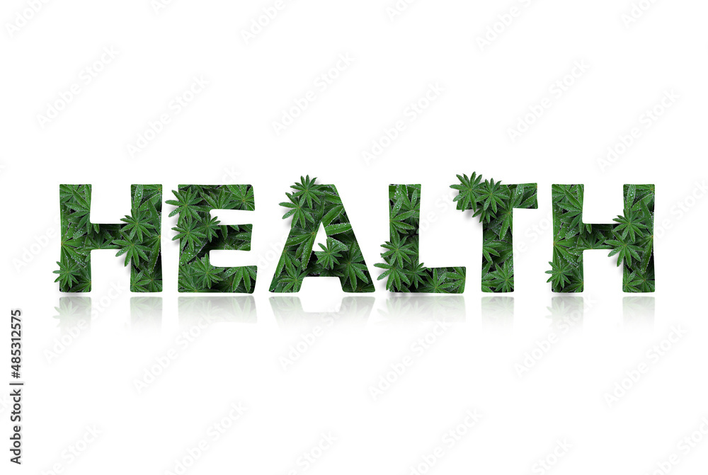 The English word is health, stylized as a collage of photos of lupin ...