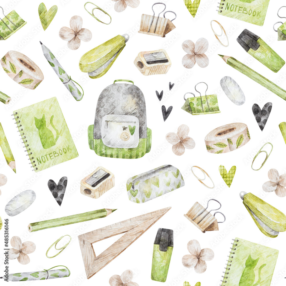 Cute watercolor pattern with stationary. Seamless hand-drawn texture ...