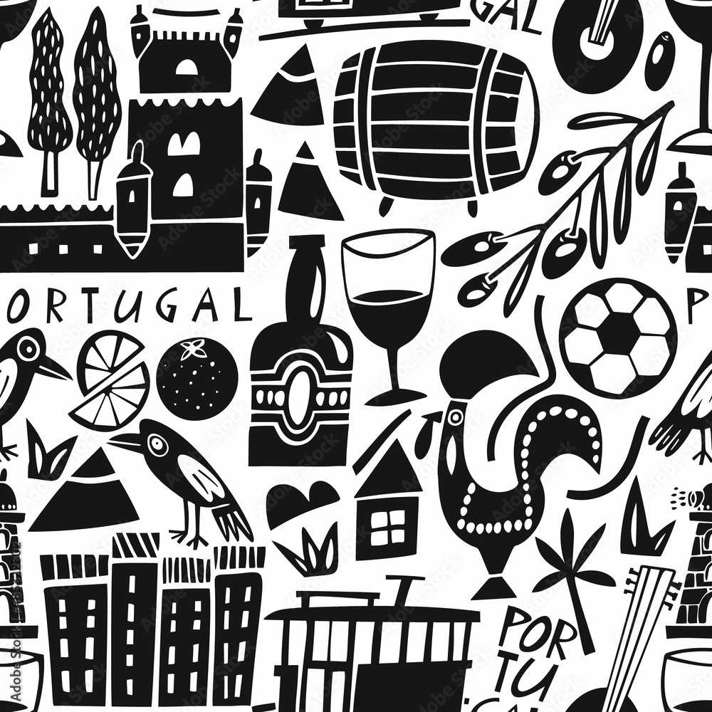 Vector hand drawn Portugal landmarks seamless pattern. Travel ...